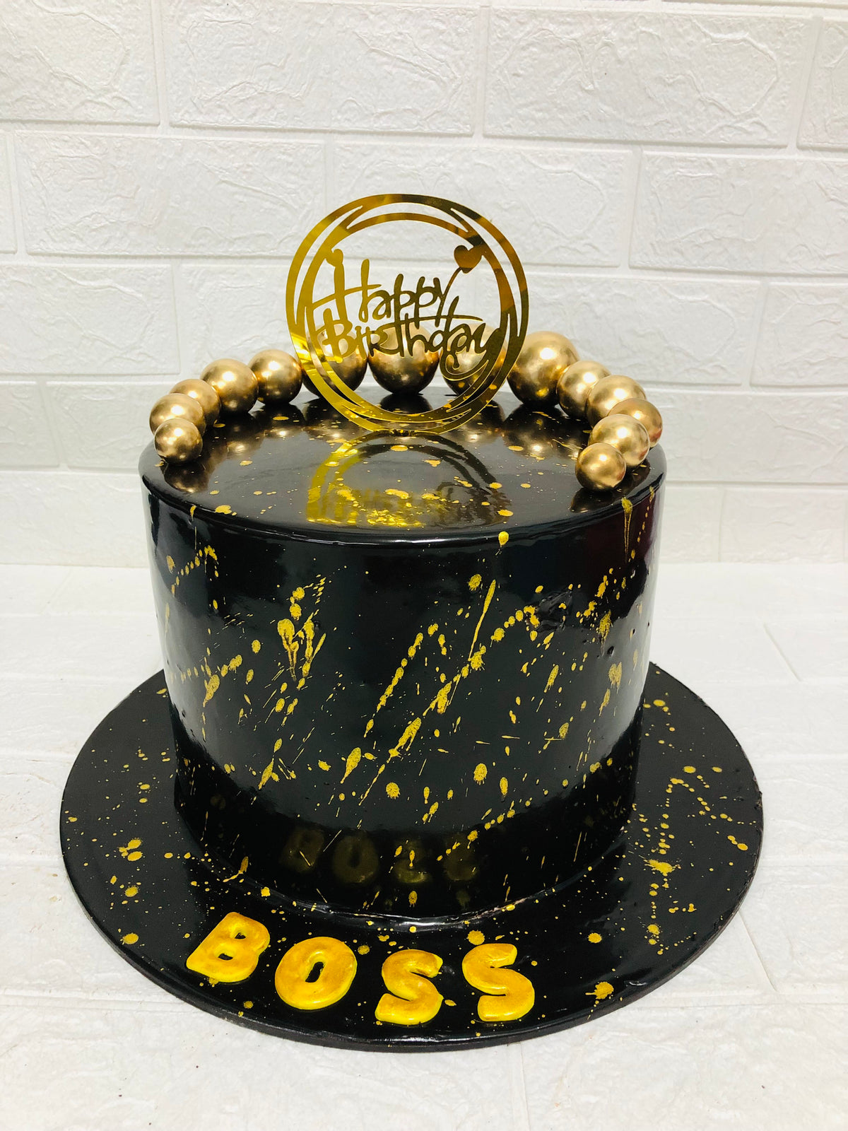 Black Gloss with Gold Splatter cake – Bento Cakes Noida